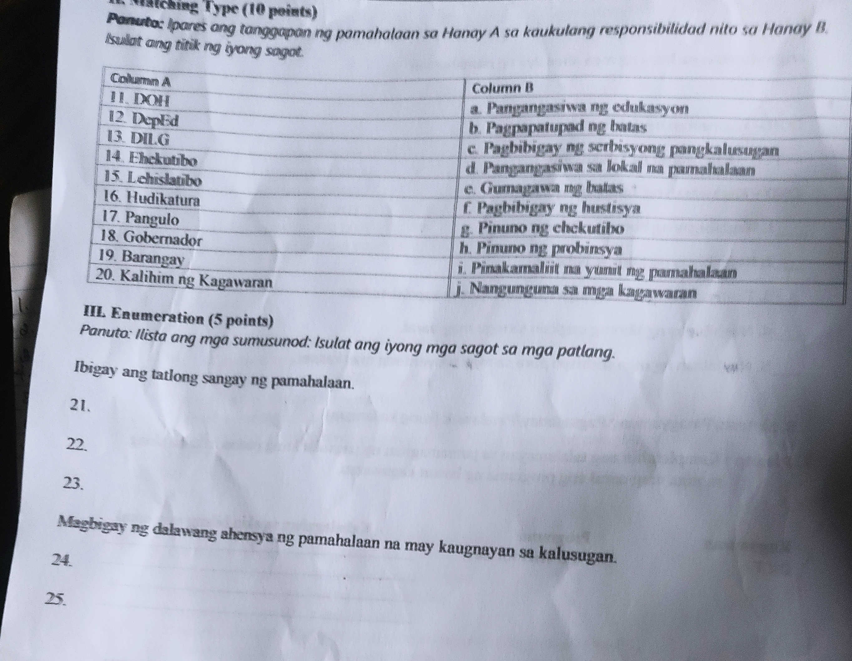 Matching Type (10 points) Panuto Ipares ang | StudyX