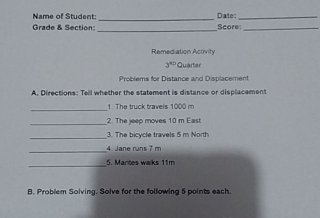 Name of Student Grade Section Date Score | StudyX