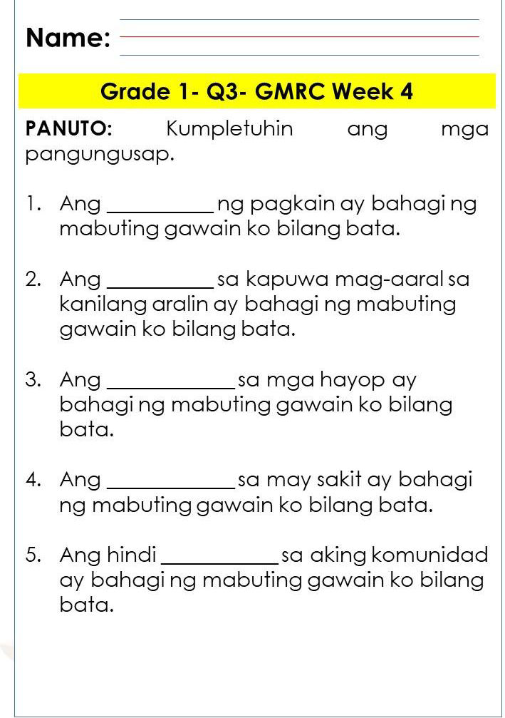 Name Grade 1- Q3- GMRC Week 4 PANUTO | StudyX