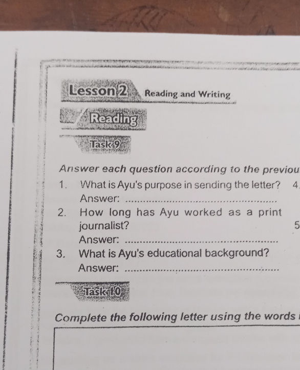 Lesson 2 Reading and Writing Task 9 Answer | StudyX