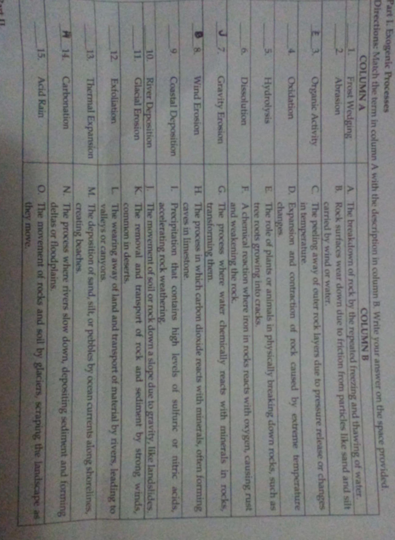 Part I Exogenic Processes Directions Match | StudyX