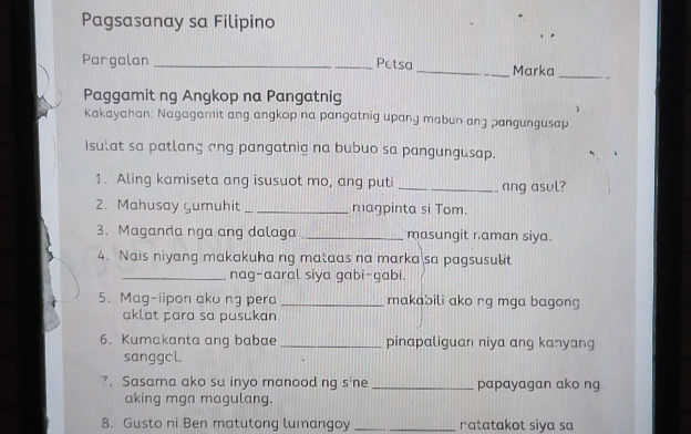 Pagsasanay sa Filipino PargalanPetsaMarka | StudyX