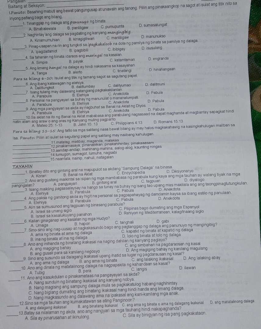 Pangalan Baitang at Seksyon 1Panuto | StudyX