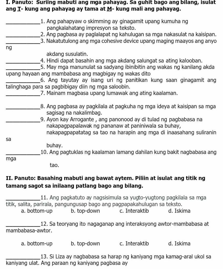 I Panuto Suriing mabuti ang mga pahayag Sa | StudyX