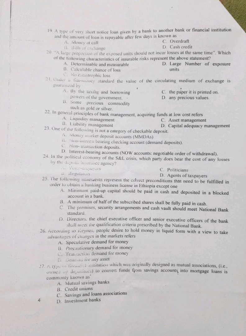 19 A type of very short notice loan given by | StudyX