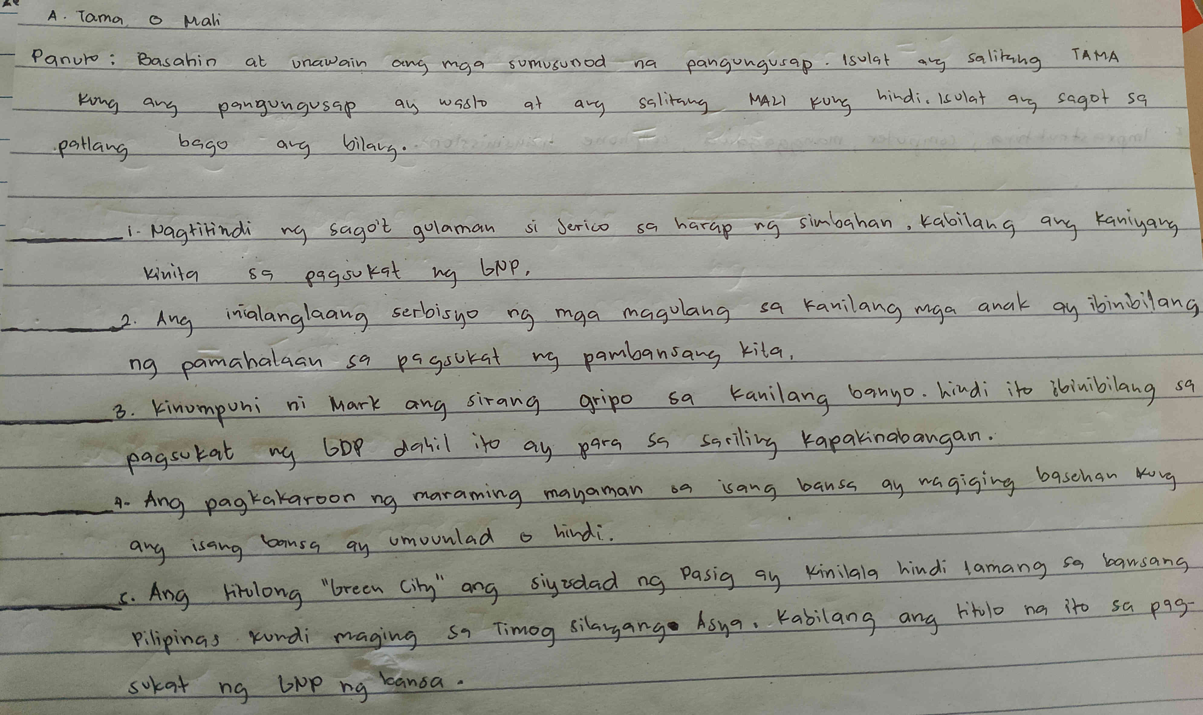 A Tama o Mali Panuto Basahin at unawain ang | StudyX