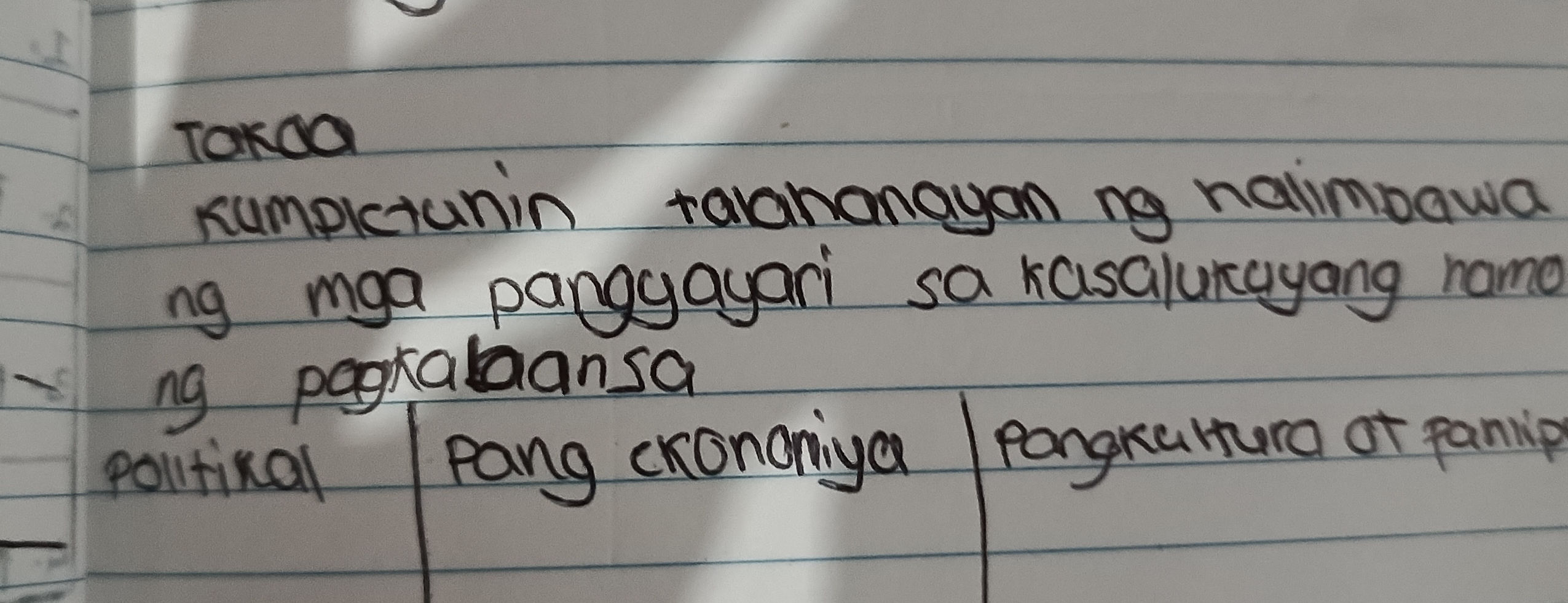 Takda Kumpilanin talahanayan ng halimbawa ng | StudyX