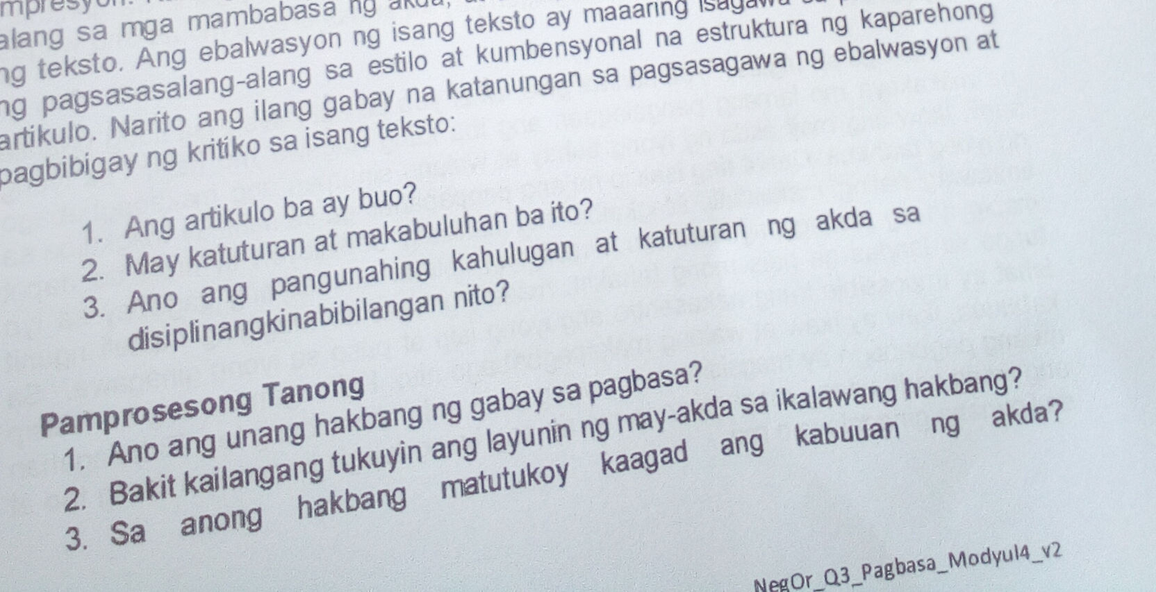 alang sa mga mambabasa ng ng teksto Ang | StudyX