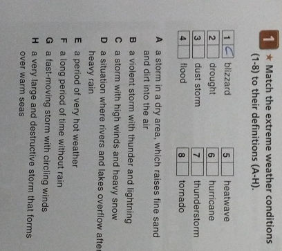 1 Match the extreme weather conditions (1-8) | StudyX