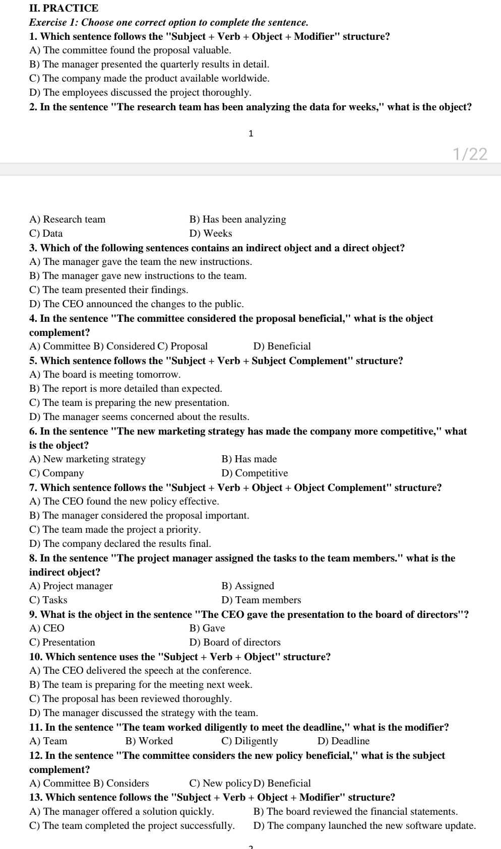 II PRACTICE Exercise 1 Choose one correct | StudyX
