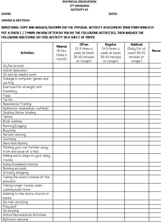 PHYSICAL EDUCATION 3RD GRADING ACTIVITY 1 | StudyX