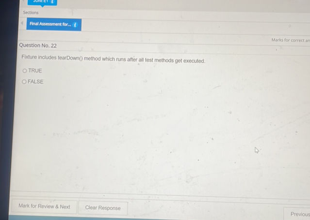 Question No 22 Fixture includes tearDown() | StudyX