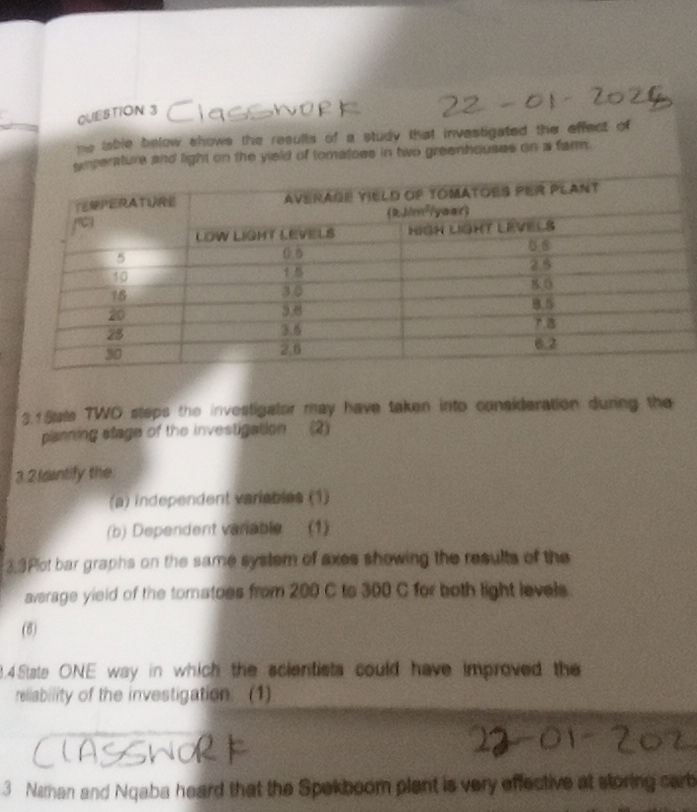 QUESTION 3 ClassWORK 22-01-2026 the table | StudyX