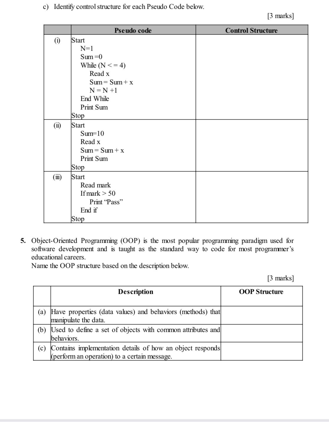 c) Identify control structure for each | StudyX