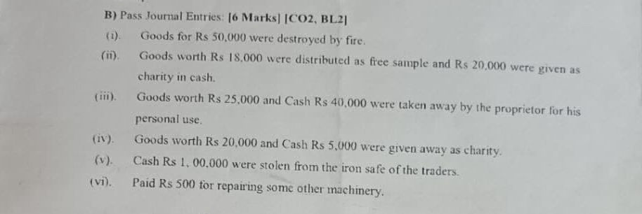 B) Pass Journal Entries 6 Marks CO2 BL2 (1) | StudyX