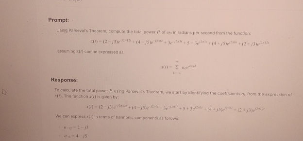 Using Parsevals Theorem compute the total