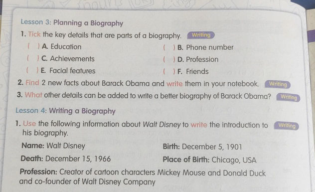 Lesson 3 Planning a Biography 1 Tick the key | StudyX