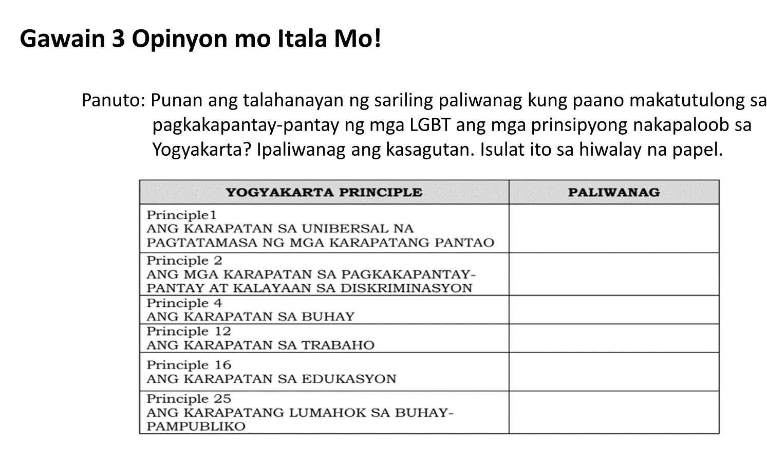 Gawain 3 Opinyon mo Itala Mo Panuto Punan | StudyX