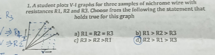 1 A student plots V-I graphs for three