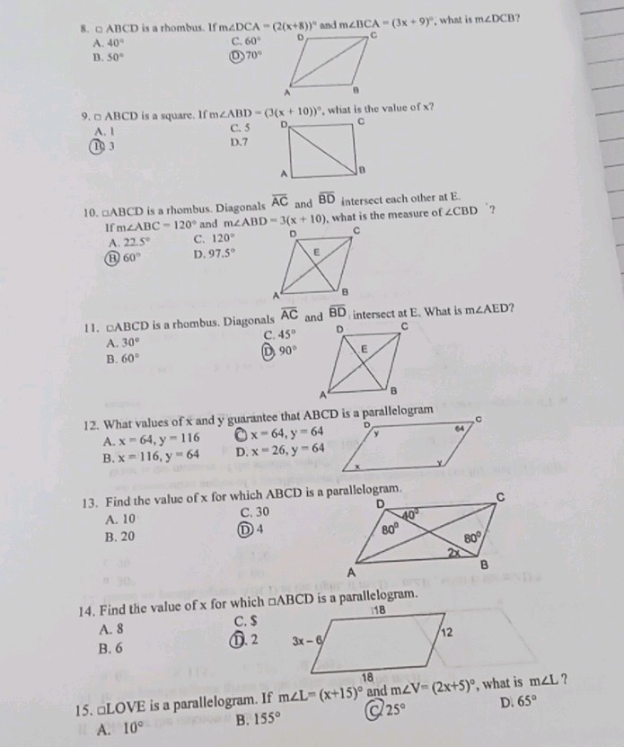 8 ABCD is a rhombus If mDCA = 2(x+8) and | StudyX