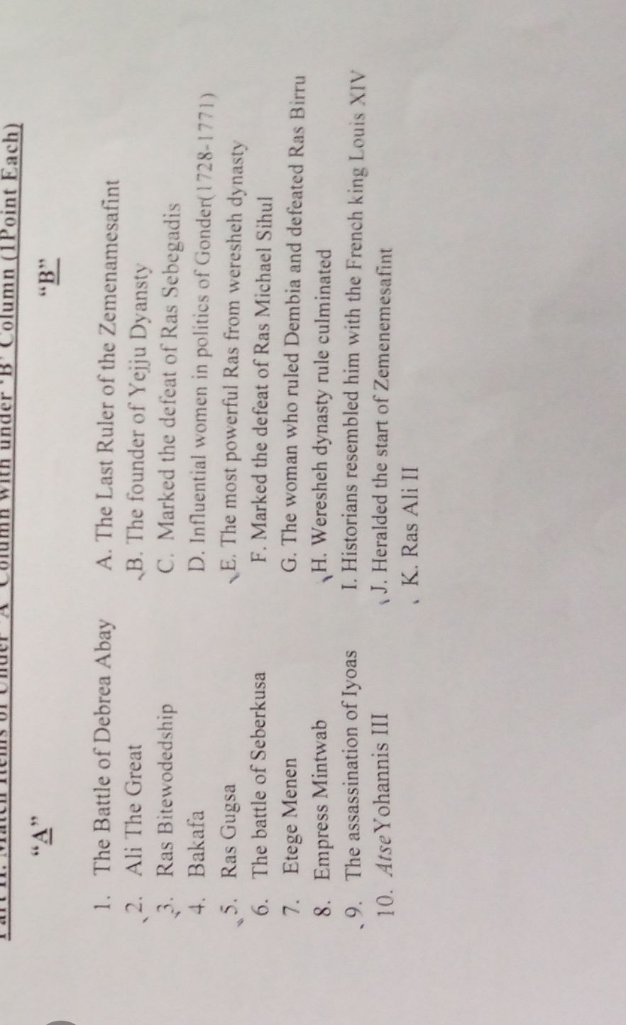 Match items under A Column with under B | StudyX