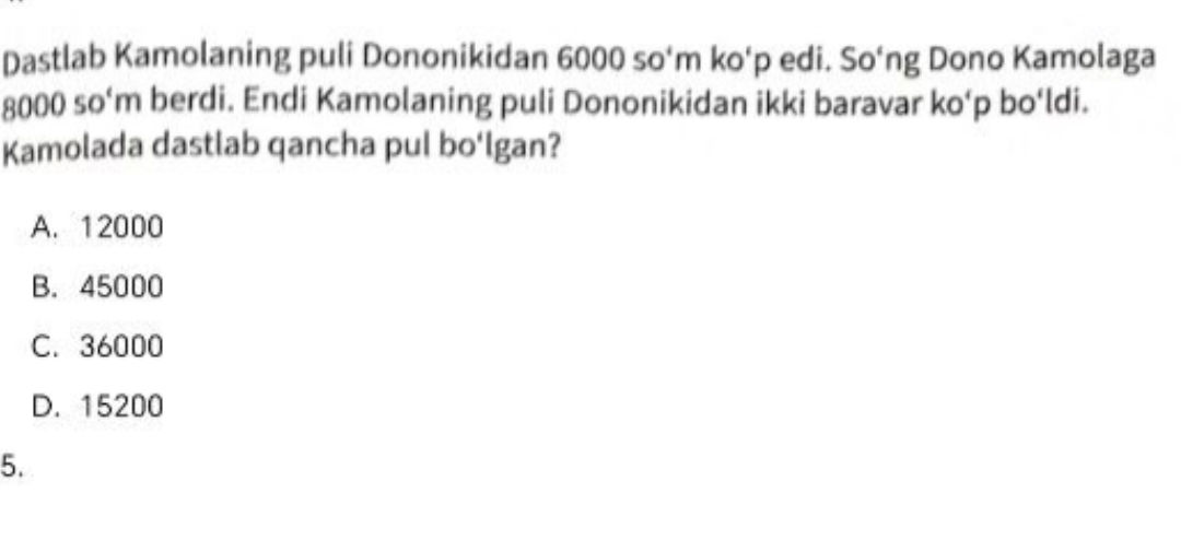 Dastlab Kamolaning puli Dononikidan 6000 som | StudyX