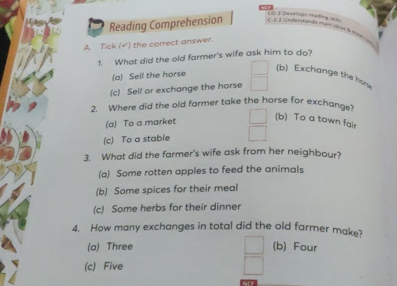 Reading Comprehension A Tick () the correct | StudyX