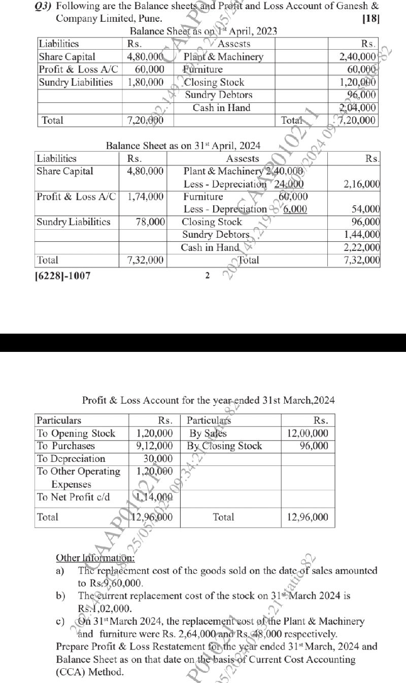 Q3) Following are the Balance sheets and | StudyX