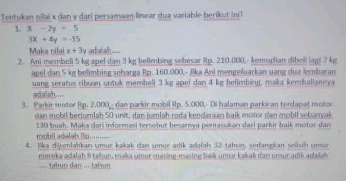 Tentukan nilai x dan y dari persamaan linear | StudyX