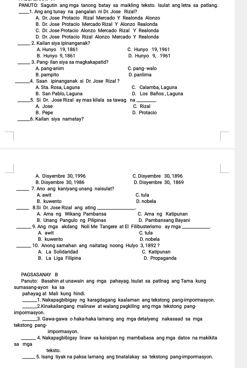 PANUTO Sagutin ang mga tanong batay sa | StudyX