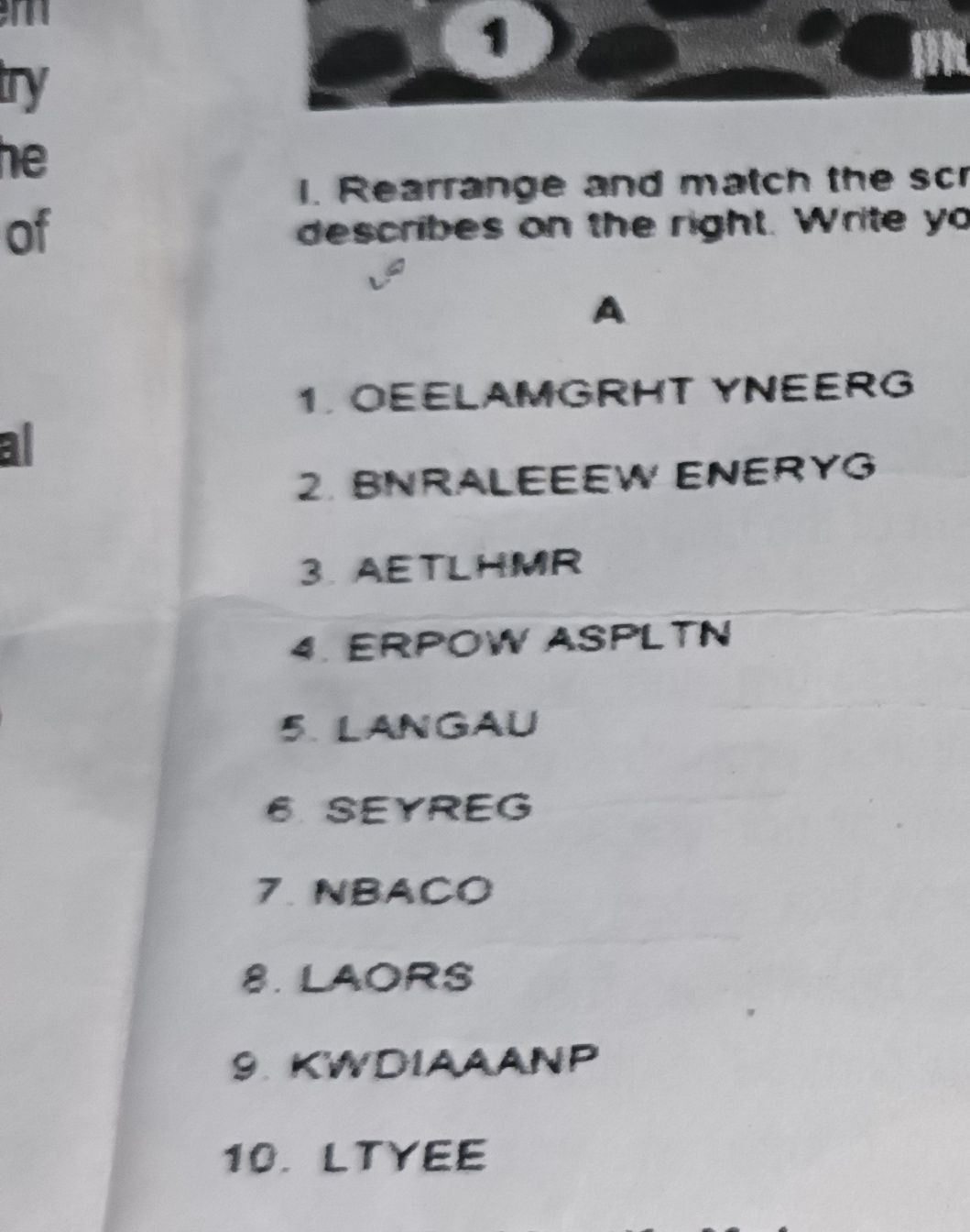 1 Rearrange and match the scrambled words to | StudyX