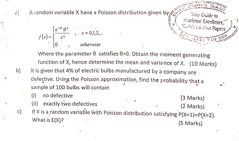 a) A random variable X have a Poisson | StudyX