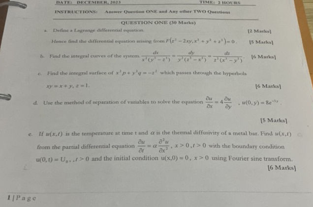 QUESTION ONE (30 Marks) a Define a Lagrange | StudyX