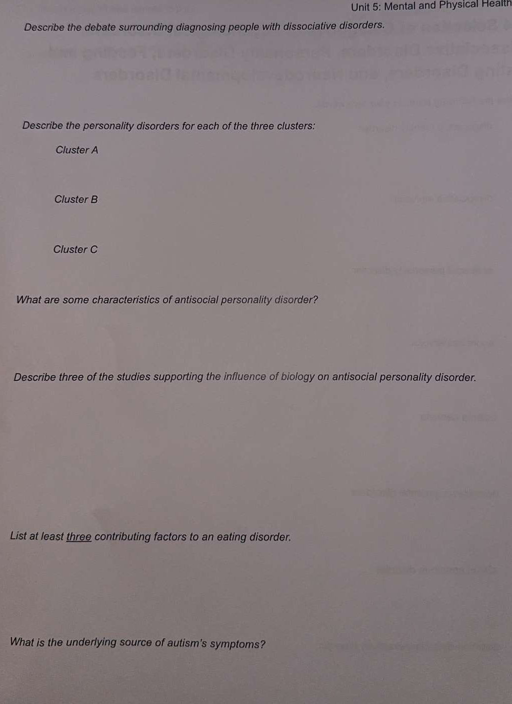 Unit 5 Mental and Physical Health Describe | StudyX