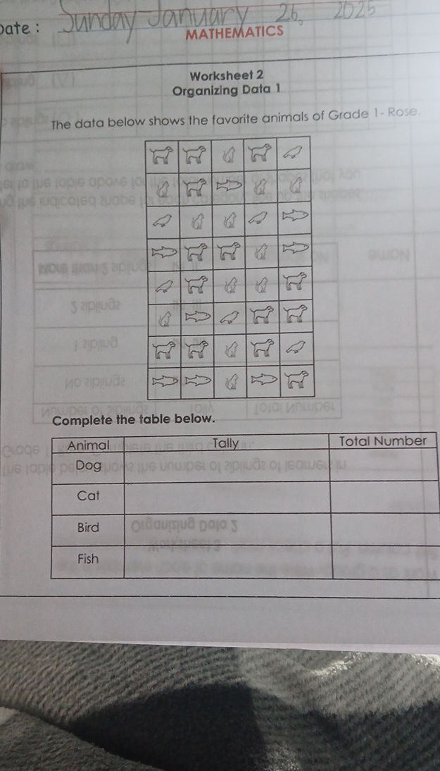 Worksheet 2 Organizing Data 1 The data below