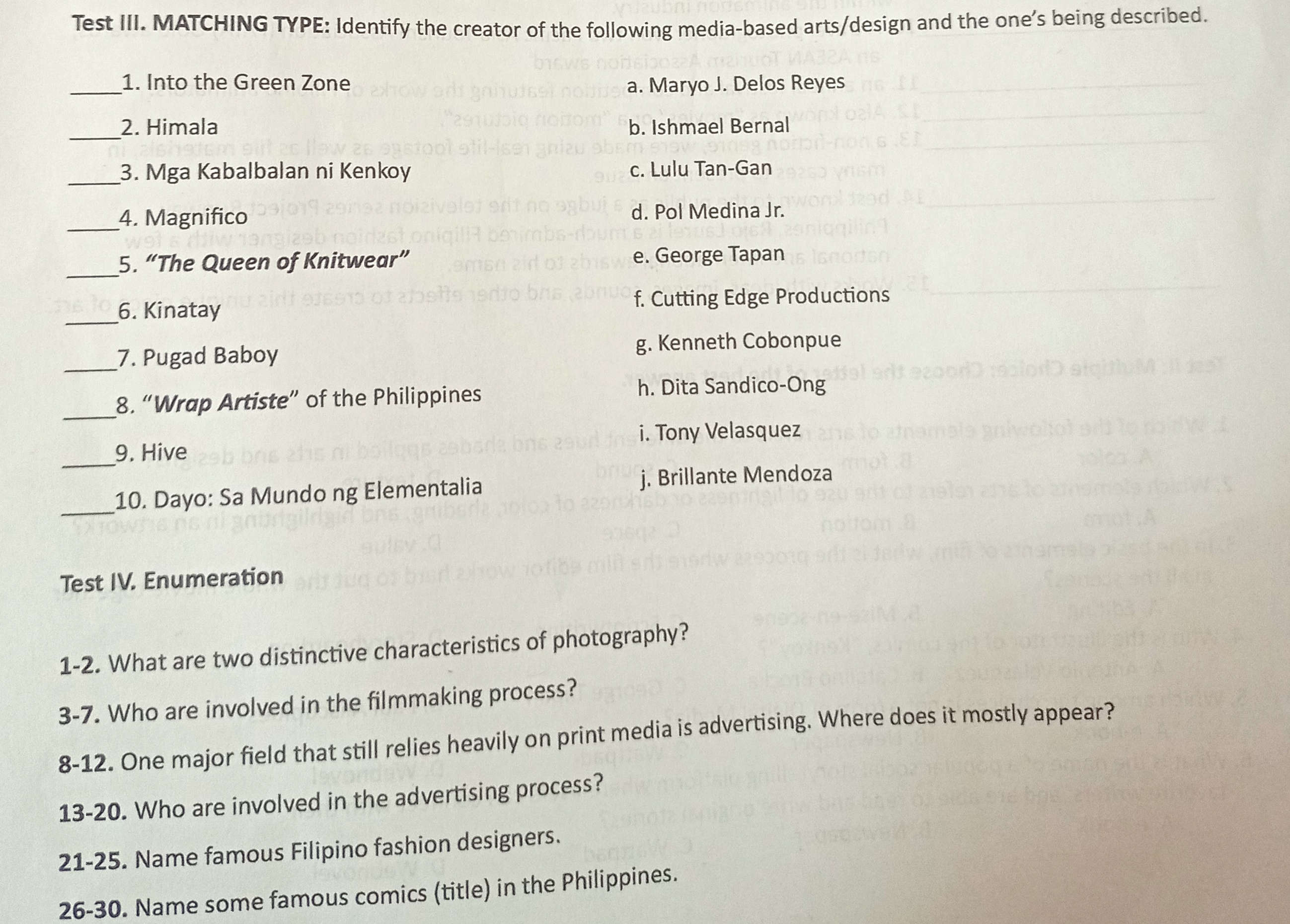 Test III MATCHING TYPE Identify the creator | StudyX