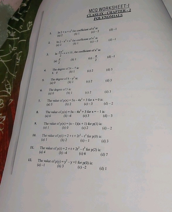 MCQ WORKSHEET-I CLASS IX CHAPTER-2 | StudyX