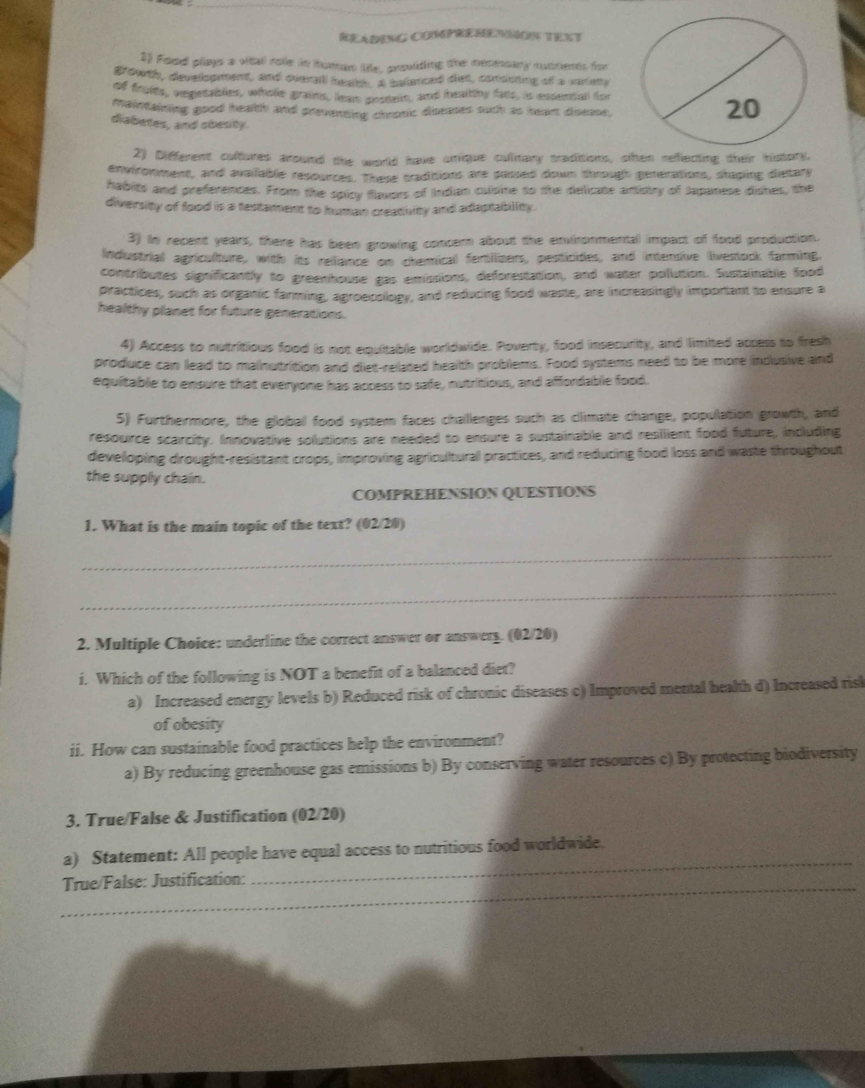 READING COMPREHENSION TEKT 1) Food plays a | StudyX