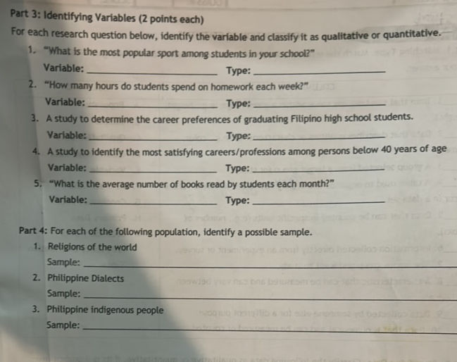 Part 3 Identifying Variables (2 points each) | StudyX