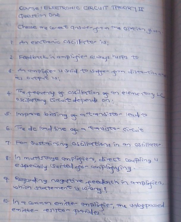 Course ELECTRONIC CIRCUIT THEORY II Question | StudyX