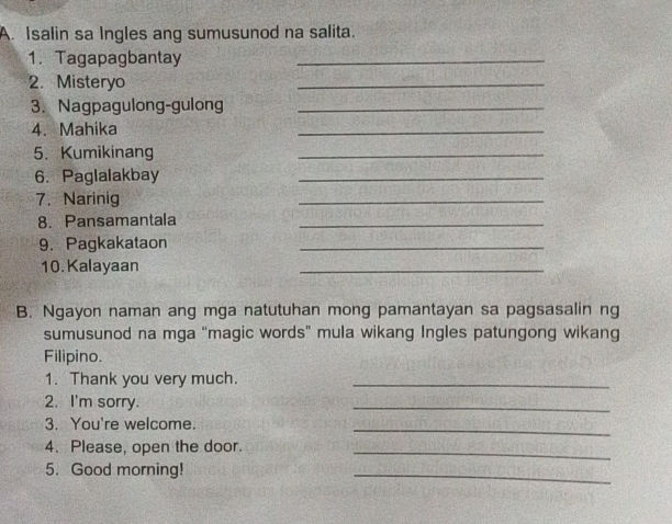 A Isalin sa Ingles ang sumusunod na salita 1 | StudyX