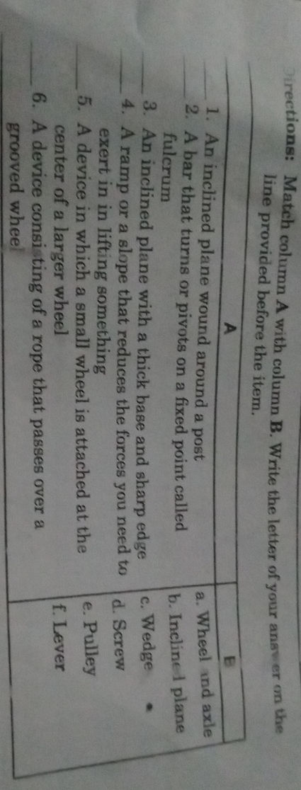 Directions Match column A with column B | StudyX