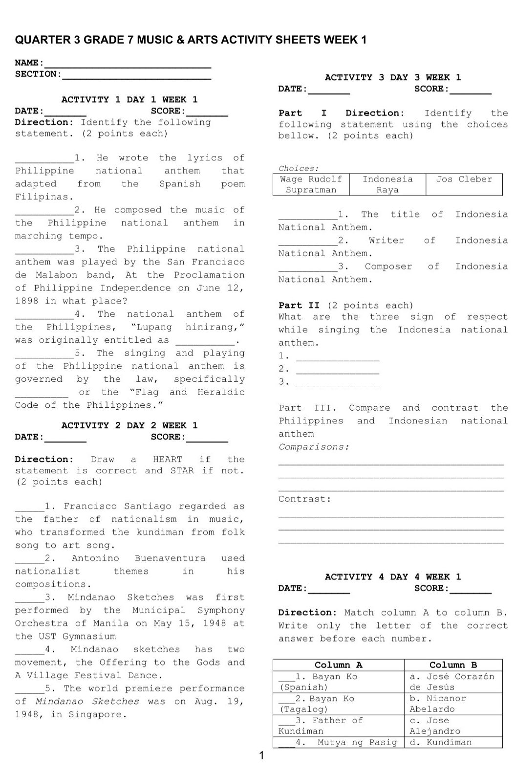 QUARTER 3 GRADE 7 MUSIC ARTS ACTIVITY | StudyX