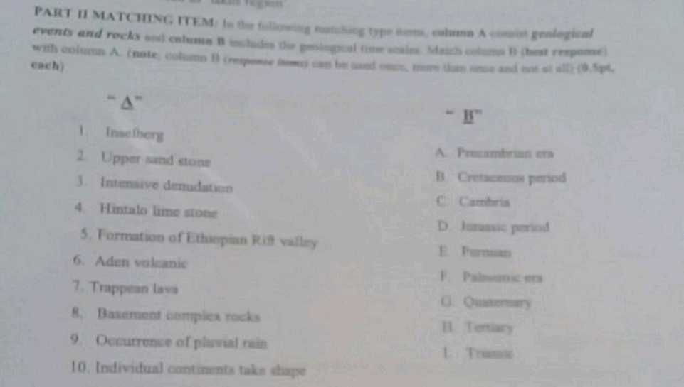 PART II MATCHING ITEM In the following | StudyX