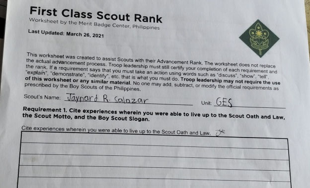 First Class Scout Rank Worksheet by the