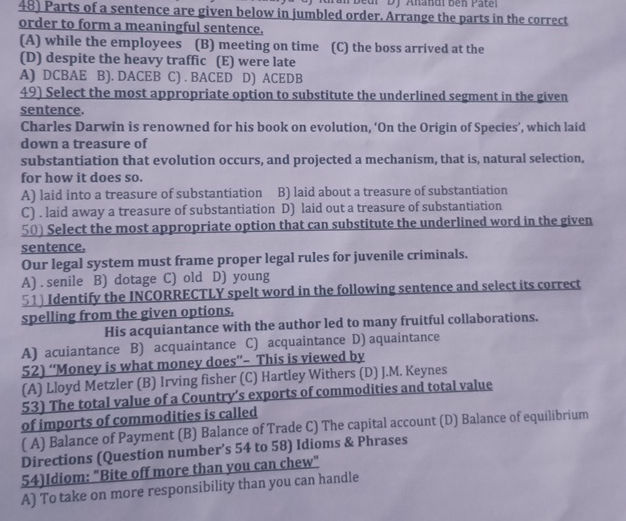 48) Parts of a sentence are given below in | StudyX