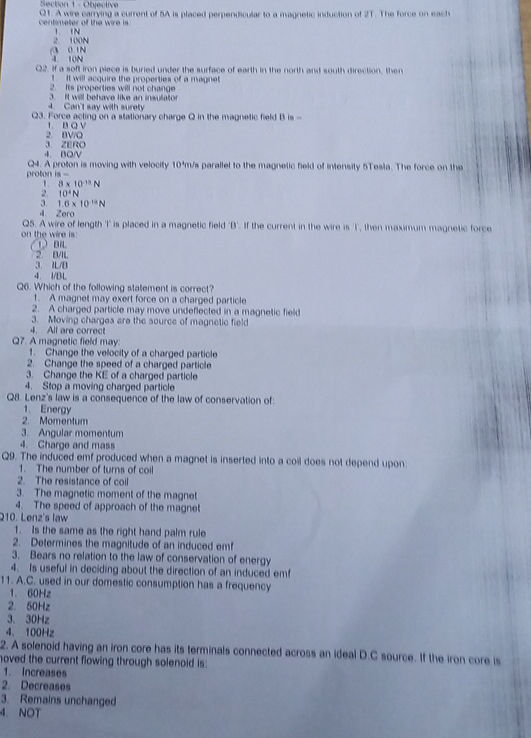 Section 1 Objective Q1 A wire carrying a | StudyX
