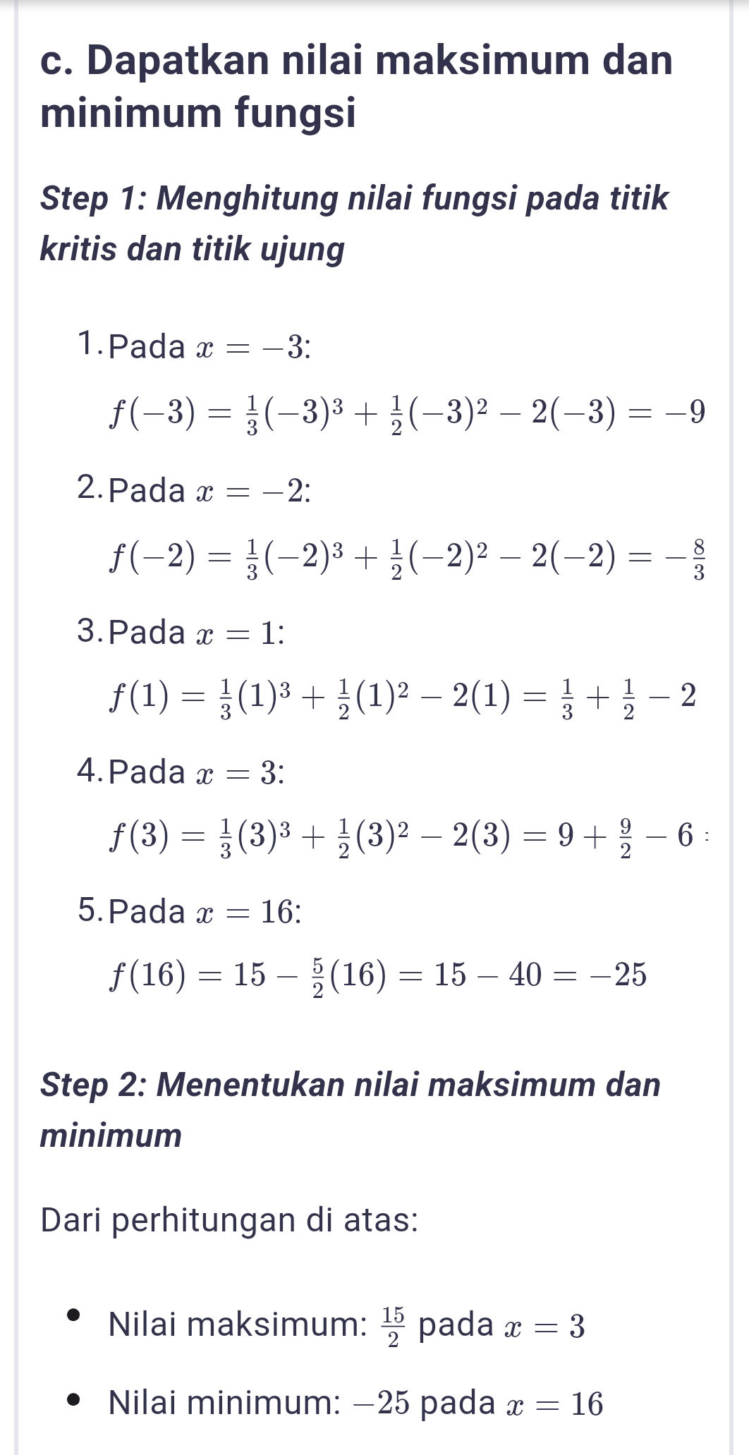 c Dapatkan nilai maksimum dan minimum fungsi | StudyX
