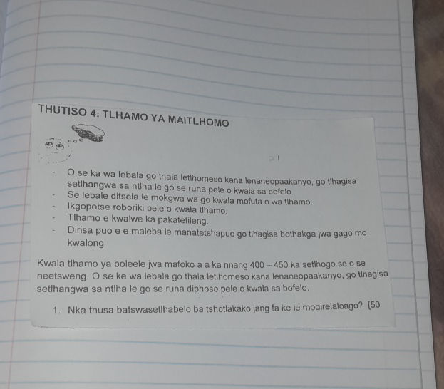 THUTISO 4 TLHAMO YA MAITLHOMO O se ka wa | StudyX