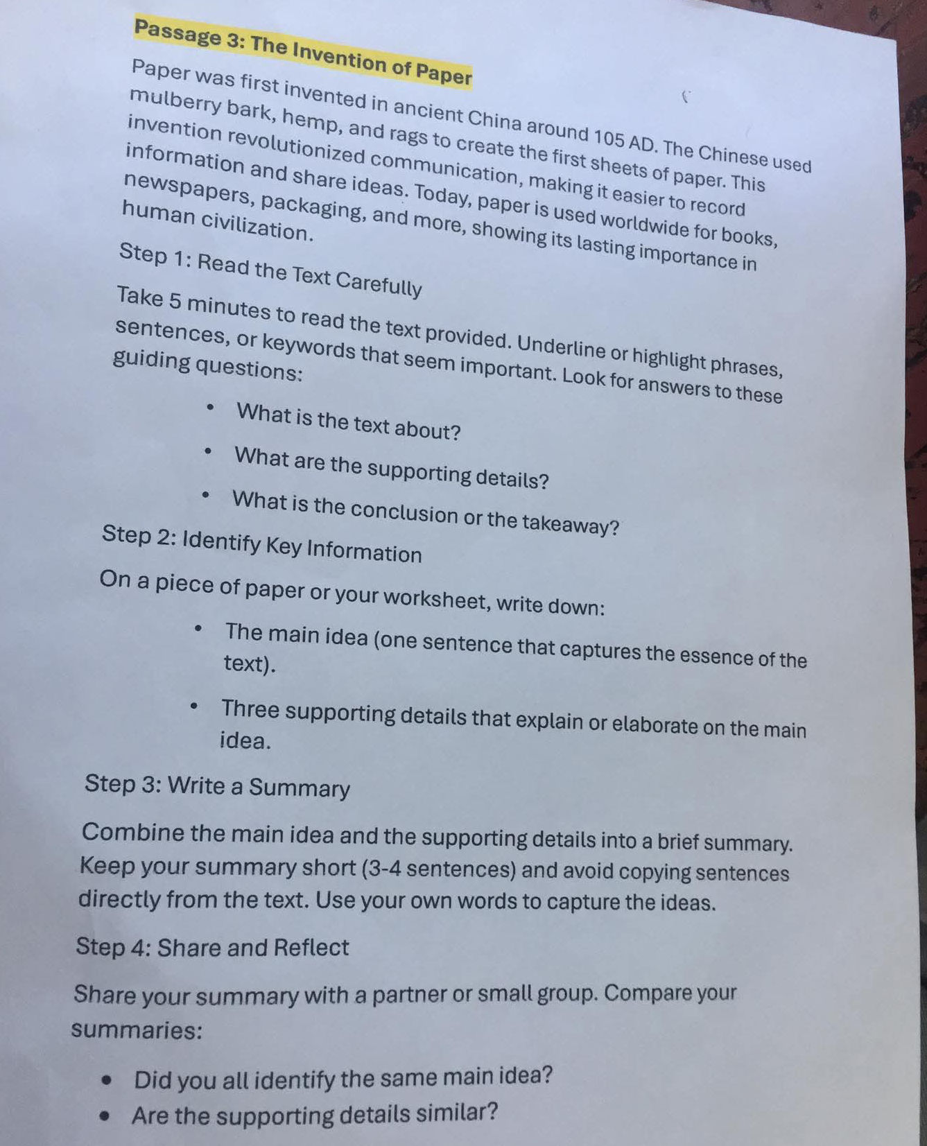 Passage 3 The Invention of Paper Paper was | StudyX